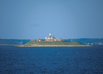 North Dumpling Lighthouse (1849) in Atlantic ocean near Fishers Island ...