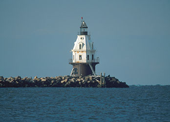 Southwest Ledge Lighthouse (1877) in Atlantic ocean near New Haven ...