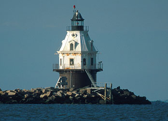Southwest Ledge Lighthouse (1877) in Atlantic ocean near New Haven ...